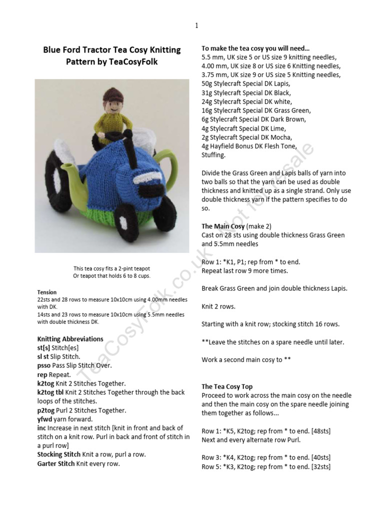 Blue Ford Tractor Tea Cosy Knitting Pattern Knitting Pattern 1.0 | PDF ...