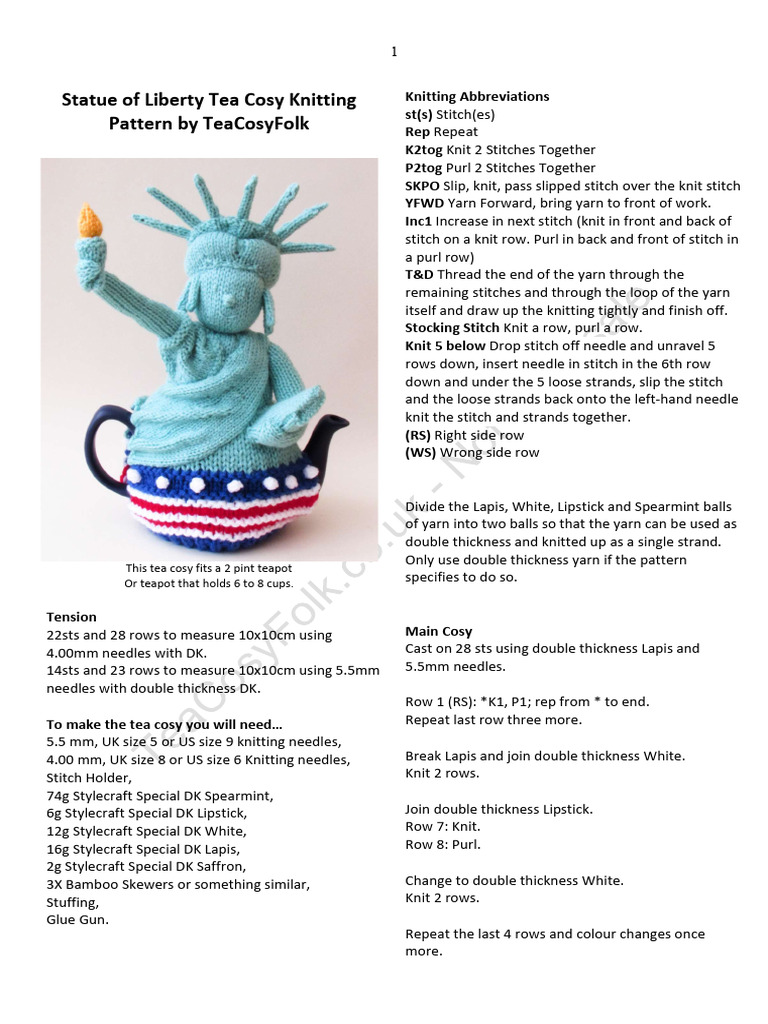 Statue of Liberty Tea Cosy Knitting Pattern 1.0 | PDF | Knitting ...