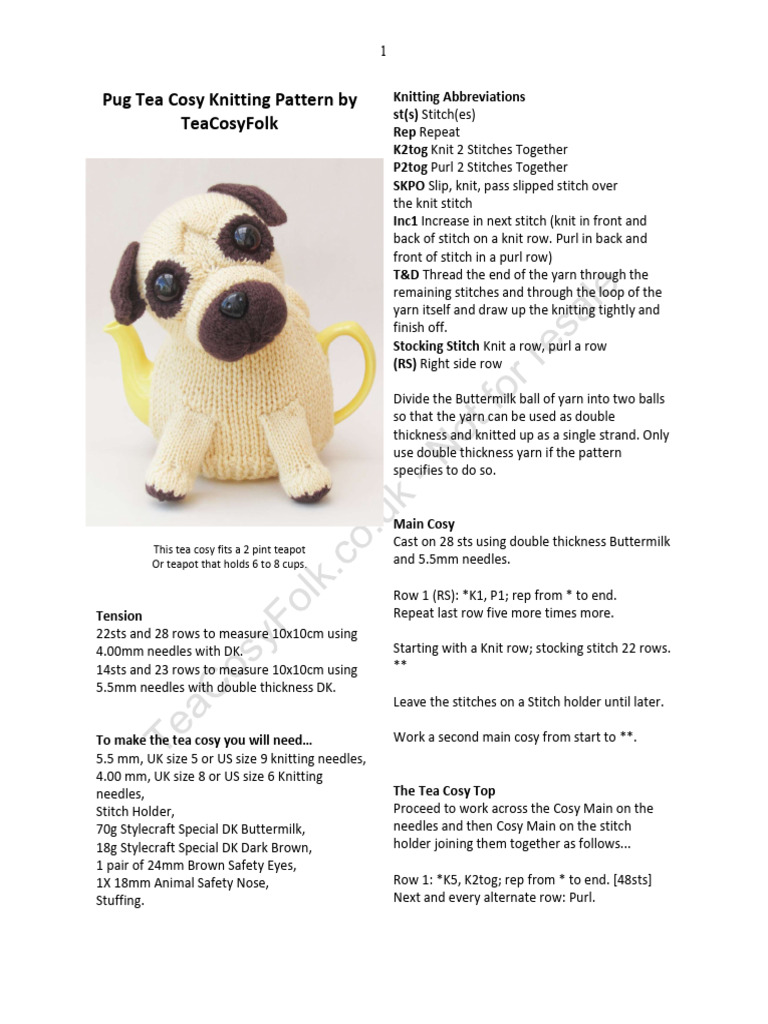 Pug Tea Cosy Knitting Pattern 1.0 | PDF | Knitting | Basic Knitted Fabrics