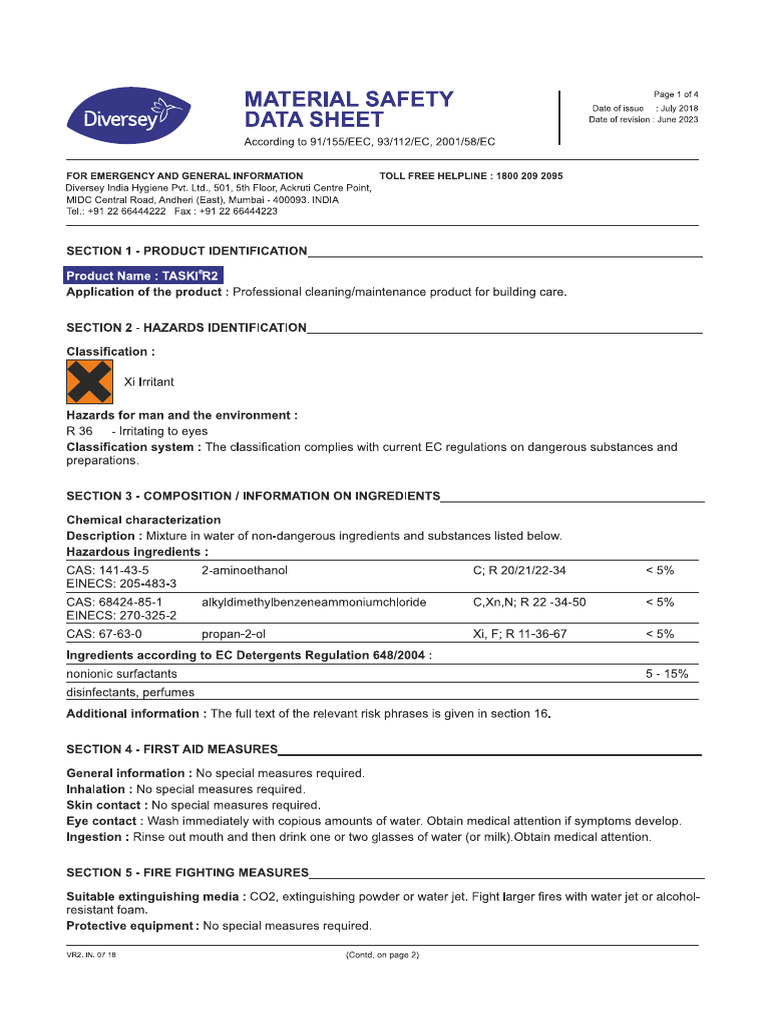 MSDS - TASKI R2 (1) - Min | PDF