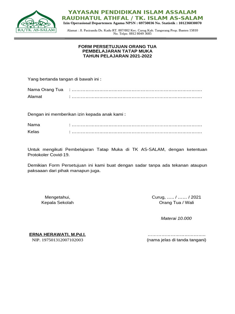 Form Persetujuan Orang Tua TK | PDF