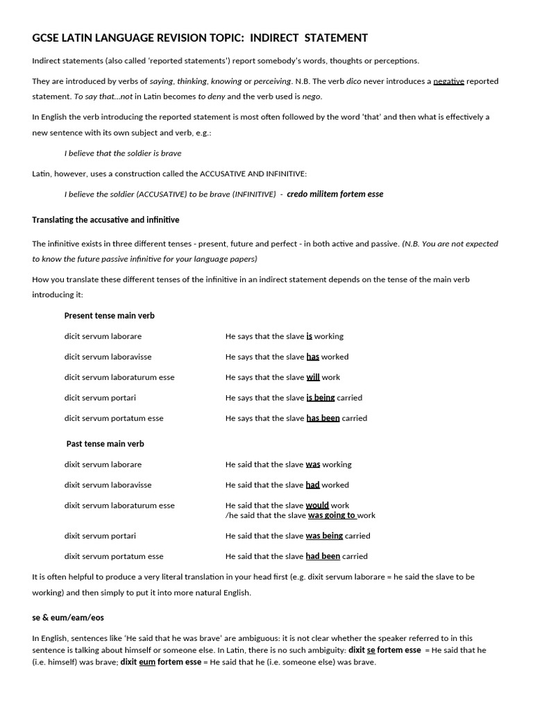 Latin Indirect Statements Revision Guide | PDF | Verb | Grammatical Tense