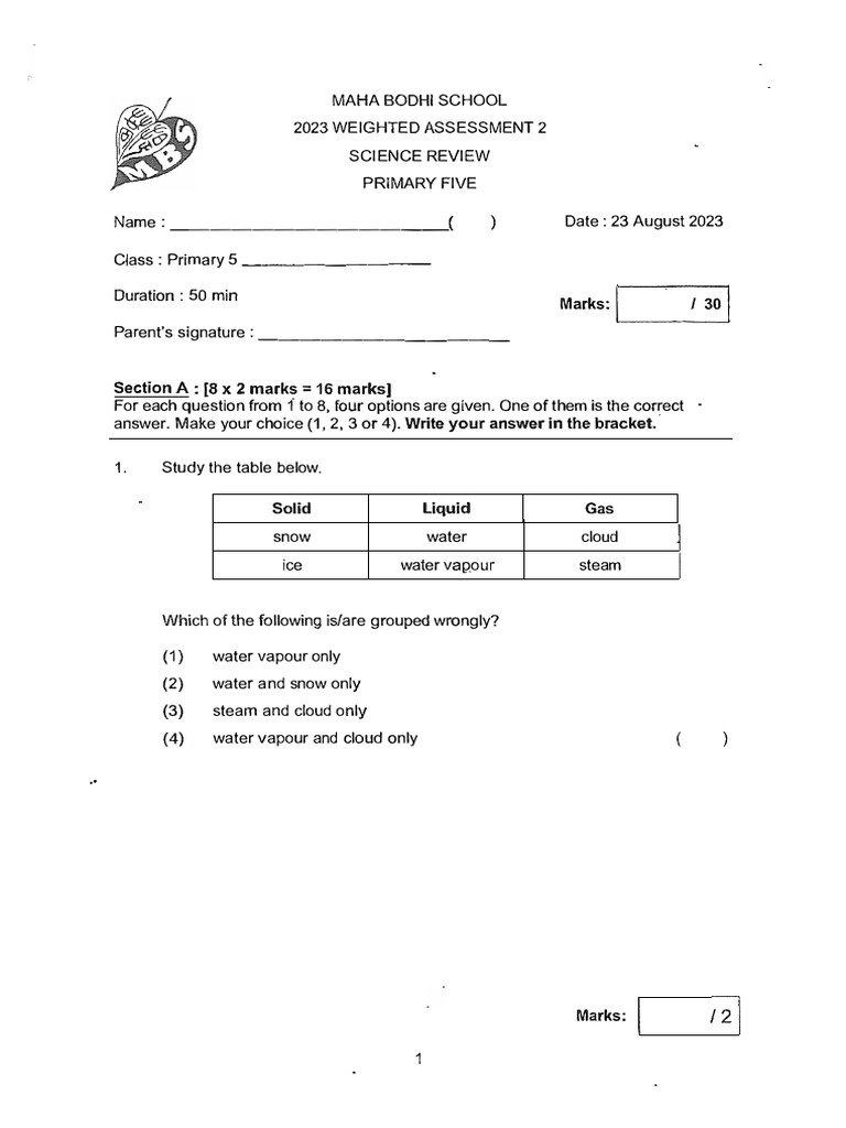 Lesson 9 P5 - Science - WA2 - 2023 - MahaBodhi - Exam - Papers | PDF ...