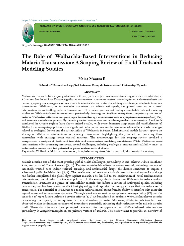 The Role of Wolbachia-Based Interventions in Reducing Malaria Transmission: A Scoping Review of ...