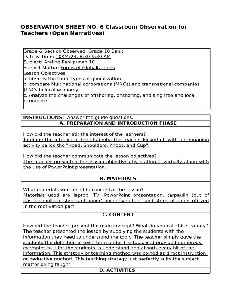 OBSERVATION SHEET NO. 6 Classroom Observation For Teachers (Open ...