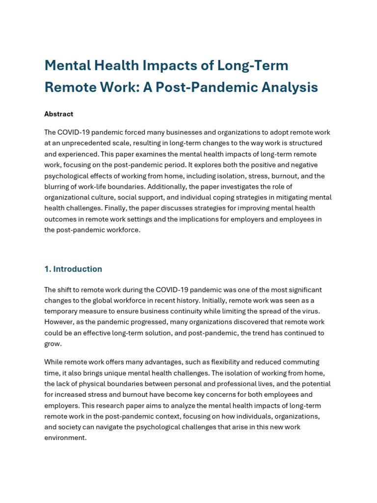 Mental Health Impacts of Long Term Remote Work A Post Pandemic Analysis ...
