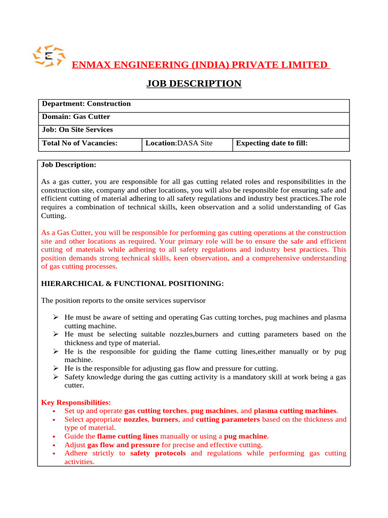 Gas Cutter Job Description at ENMAX | PDF | Gases