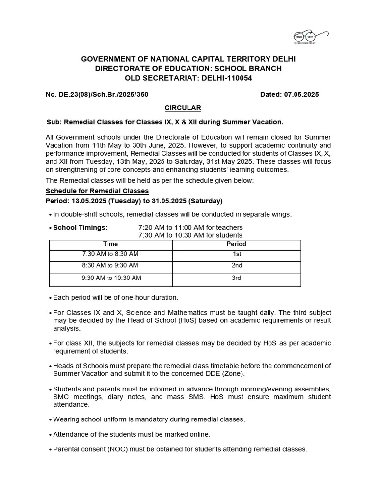 Remedial Classes Circular | PDF