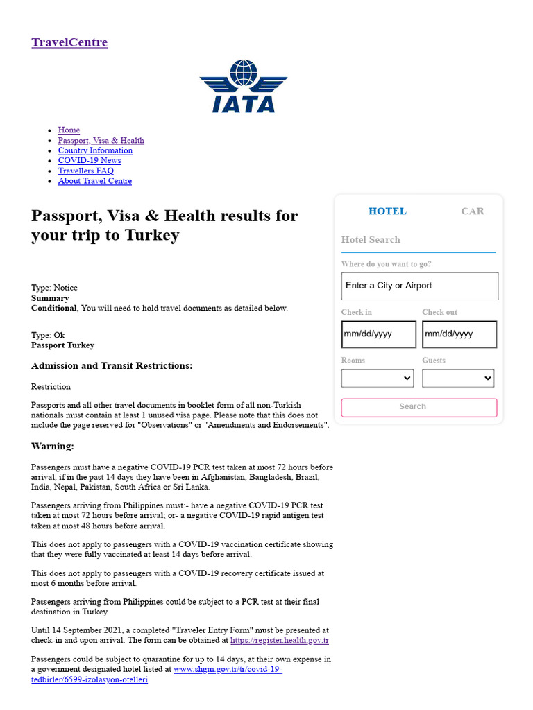 IATA - Turkey Passport, Visa and Health Advice | PDF | Travel Visa | Government And Personhood