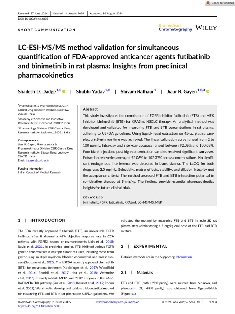 Biomedical Chromatography - 2024 - Dadge - LC ESI MS MS Method Validation For Simultaneous ...