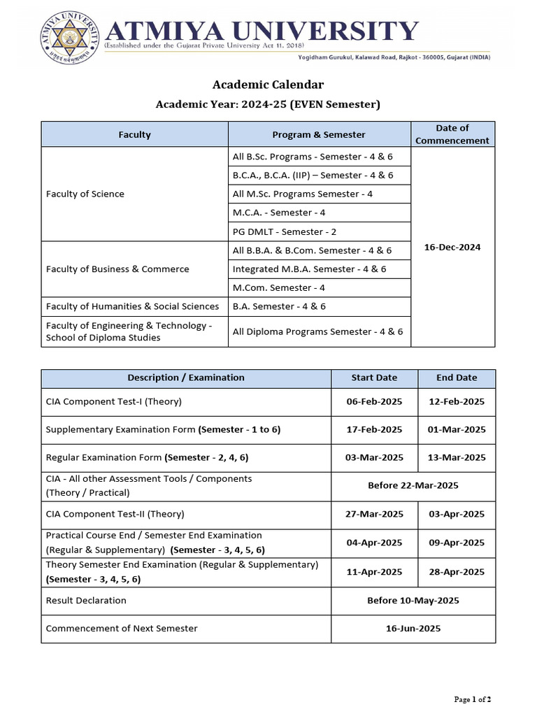2) Academic Calendar Sem 4 6 3Y UG de PG 2024 25 EVEN (For Student ...