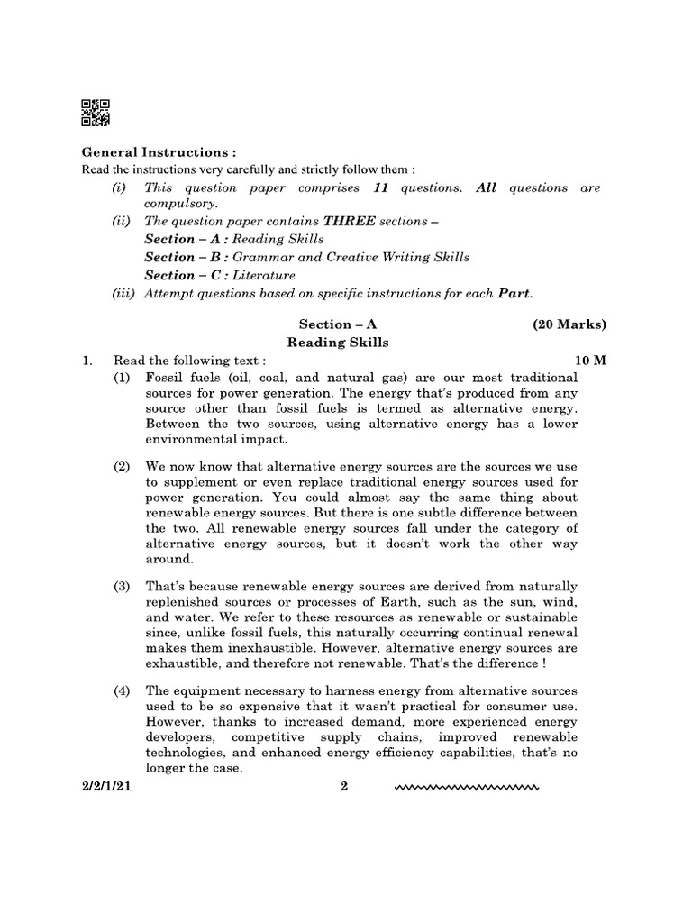 English Grade 10 CBSE Sample QP Class 10 | PDF