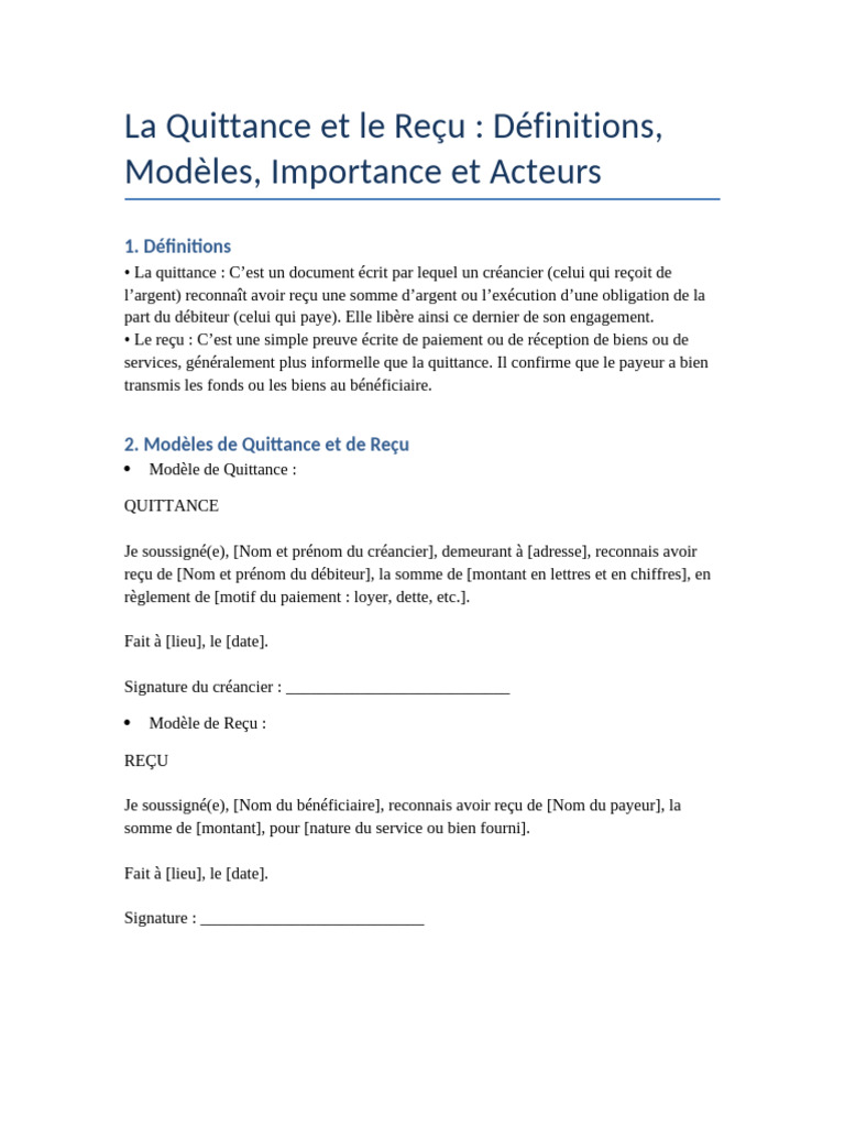 Quittance et Reçu : Définitions et Modèles | PDF