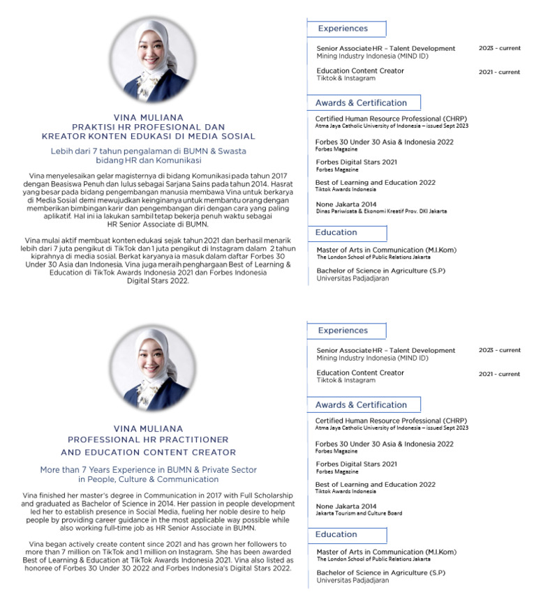 CV & Resume Vina Muliana - 2023 (Indonesia & English) | PDF