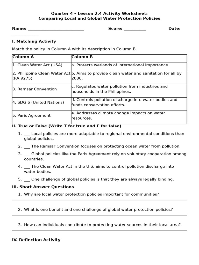 Local vs Global Water Policies Worksheet | PDF