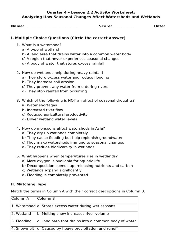 Quarter 4 - Lesson 2.2 - Activity Worksheet | PDF | Wetland | Water