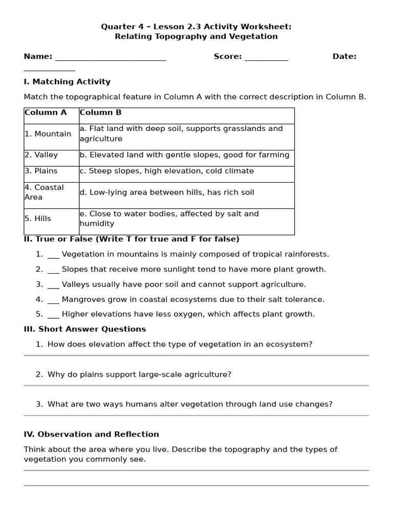 Topography and Vegetation Matching Worksheet | PDF | Forests | Mountains