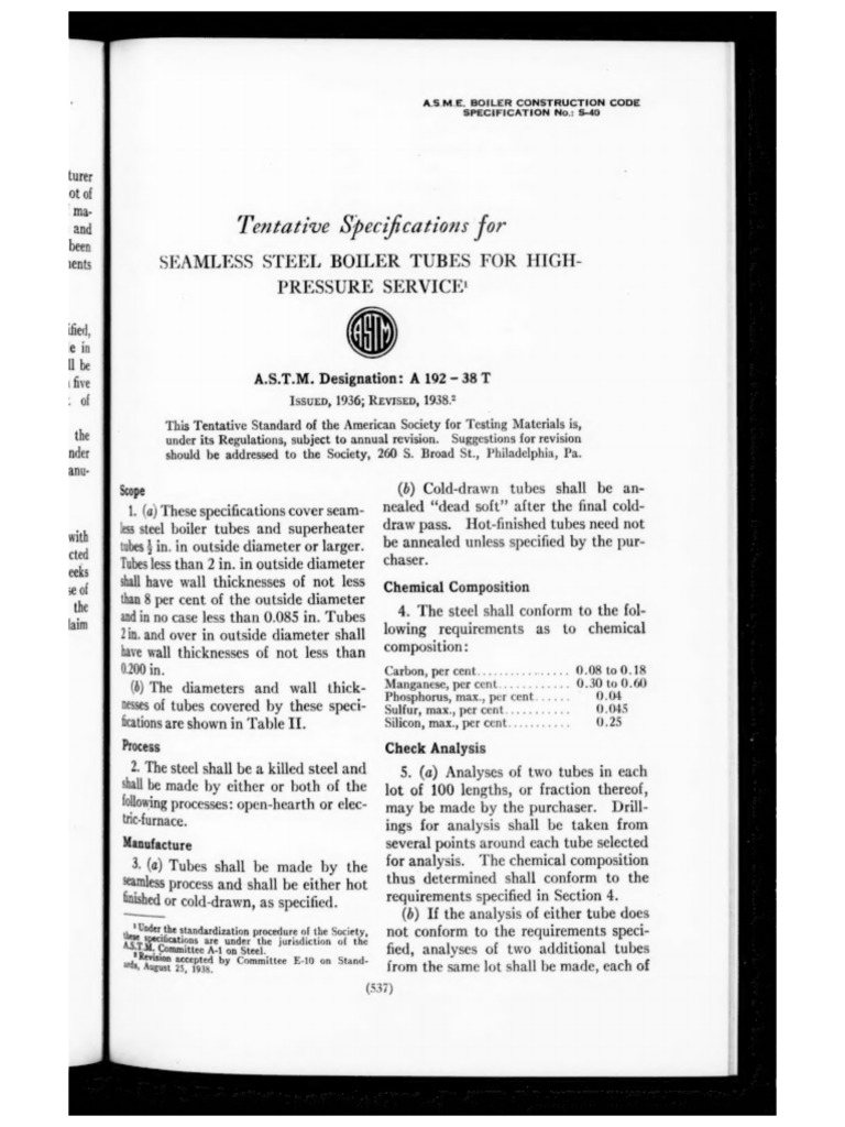 A192 1938 T Tentative Specifications For Seamless Steel Boiler Tubes | PDF