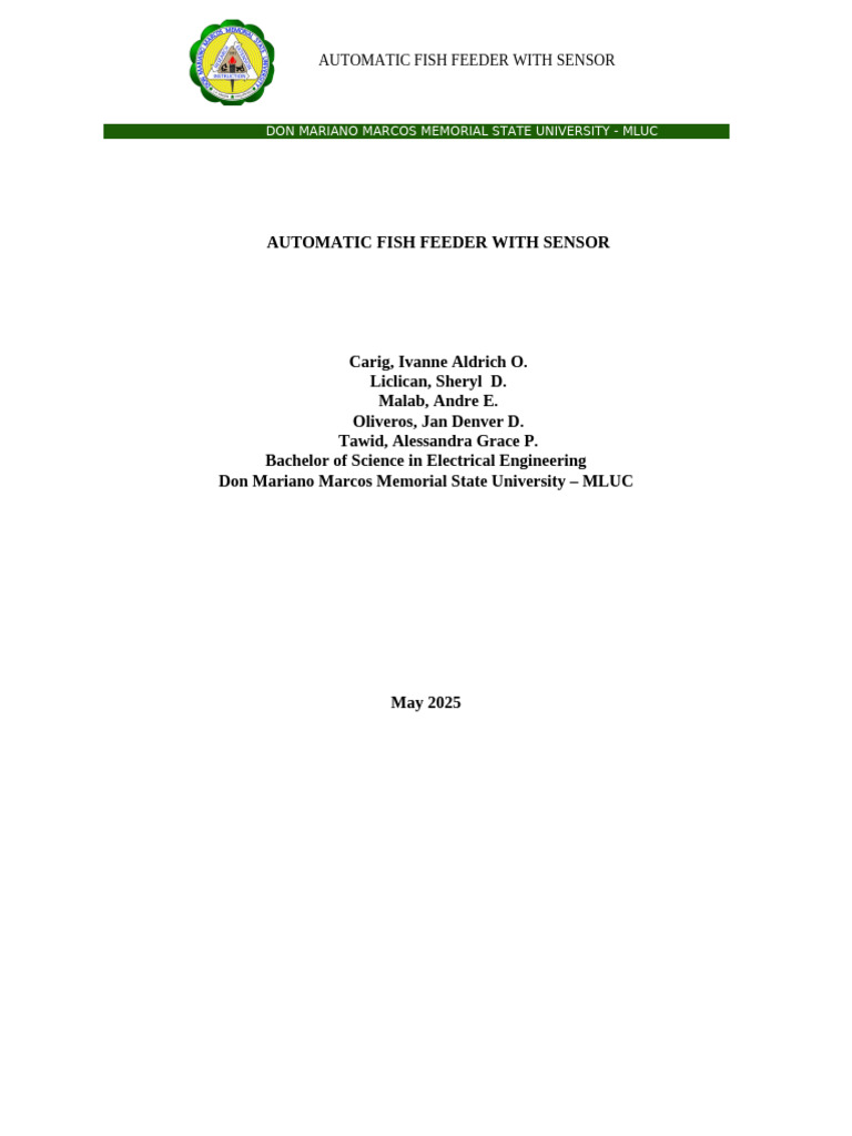 Automatic Fish Feeder With Sensor | PDF | Arduino | Electrical Engineering