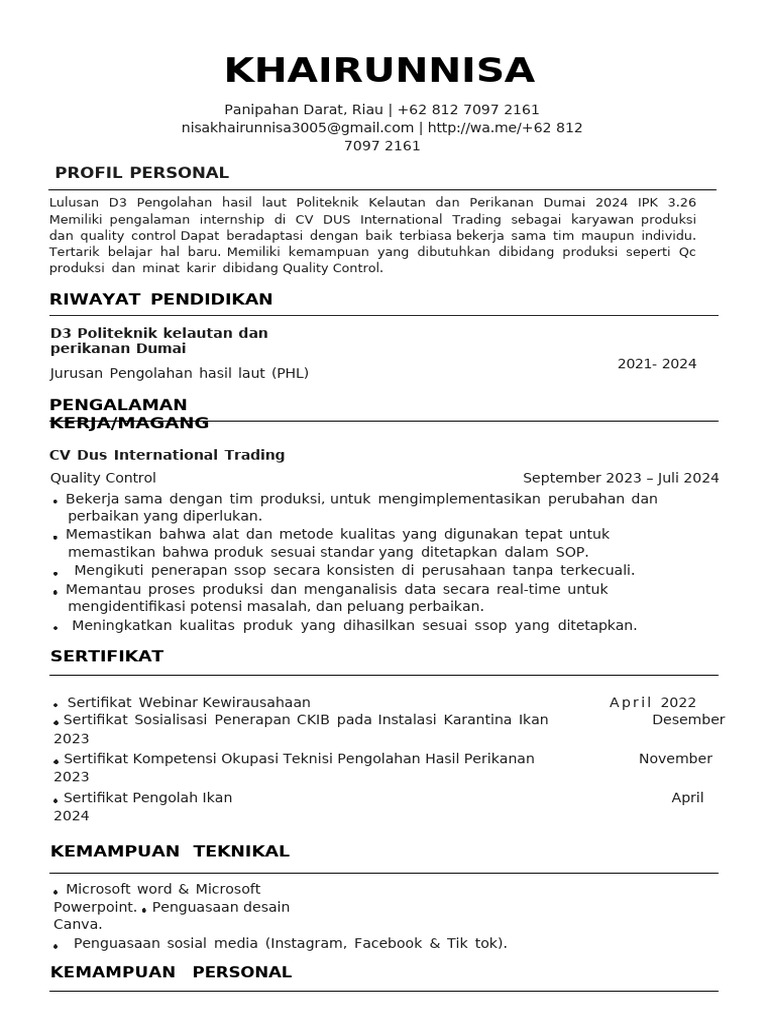 CV KHAIRUNNISA | PDF