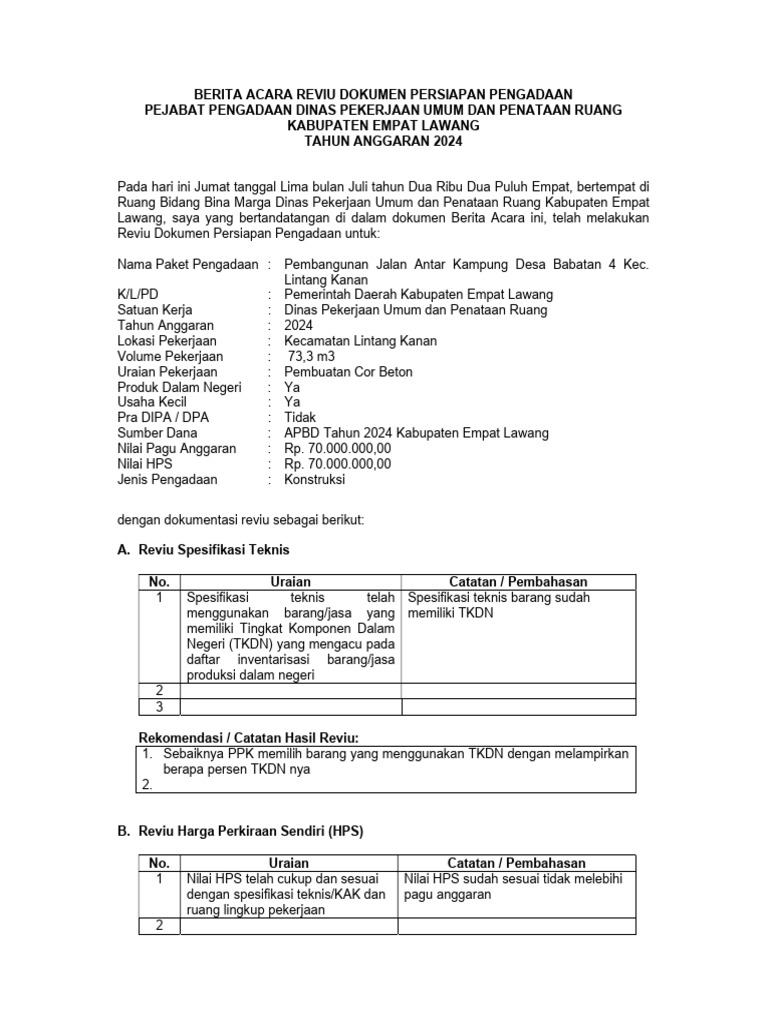 BA Hasil Reviu Dokumen Persiapan Pemilihan | PDF