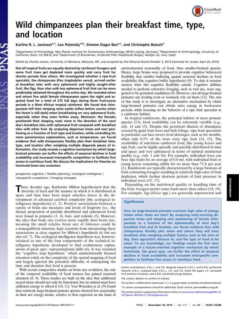 Janmaat Et Al Wild Chimpanzees Plan Their Breakfast Time Type and ...