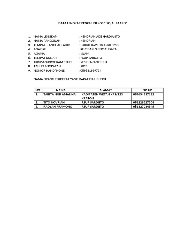 Data Lengkap Penghuni Kos | PDF