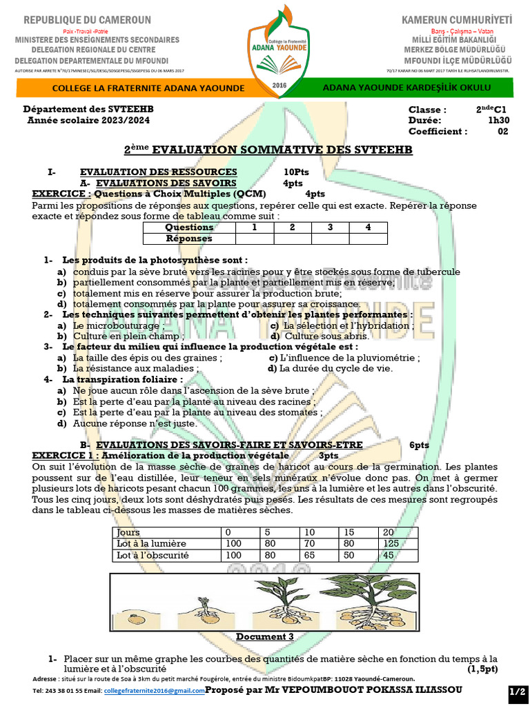 Évaluation des SVTEEHB 2023-2024 | PDF | Maïs | Plantes