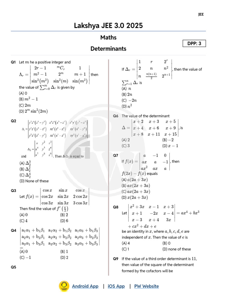 Determinants DPP 03 (Of Lec 04) | PDF