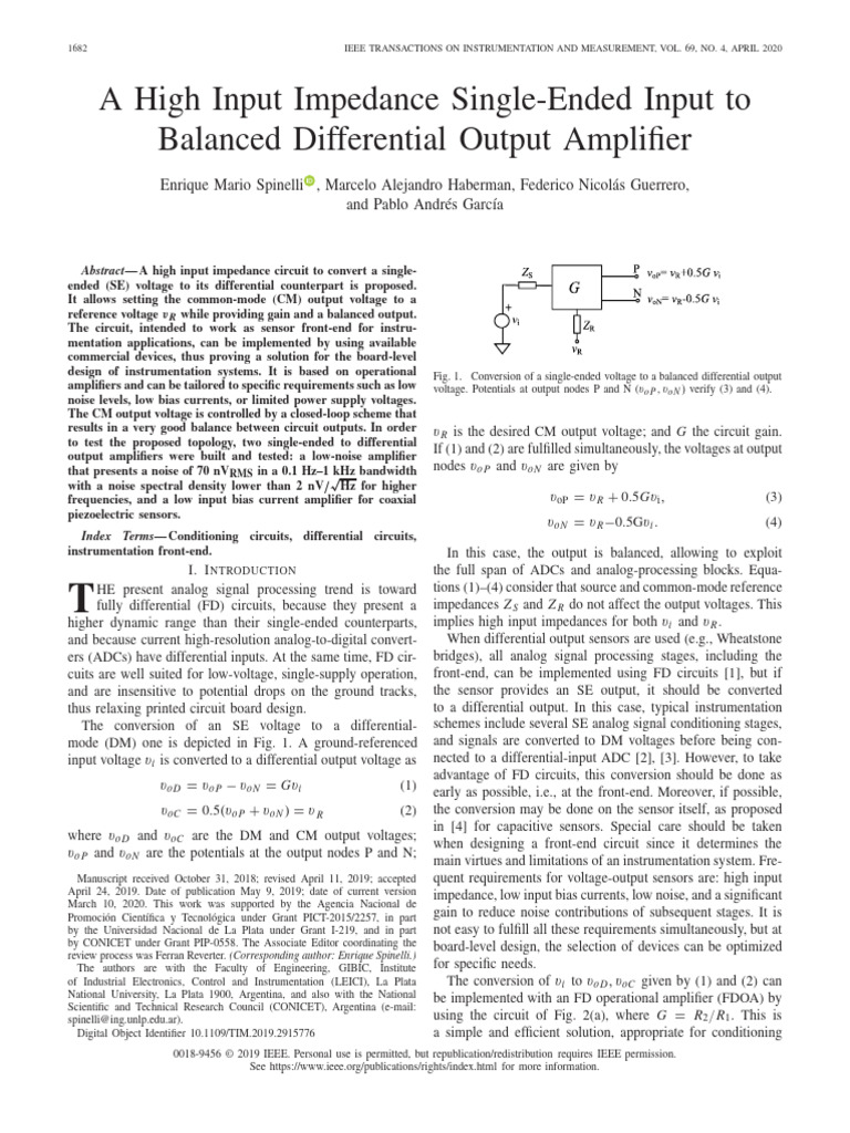 A High Input Impedance Single-Ended Input To Balanced Differential Output Amplifier | PDF ...
