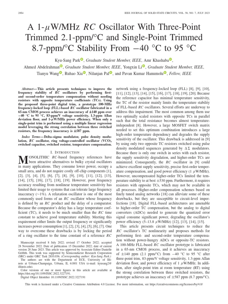 A 1-W MHZ RC Oscillator With Three-Point Trimmed 2.1-Ppm C and Single ...