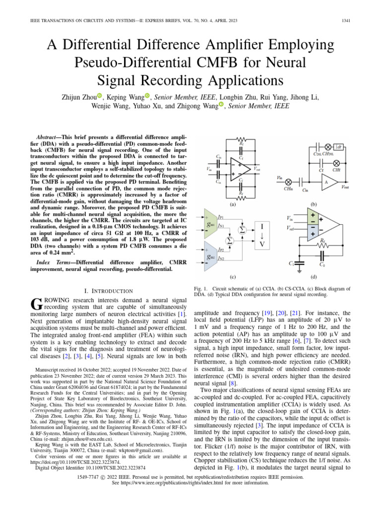 A Differential Difference Amplifier Employing Pseudo-Differential CMFB For Neural Signal ...