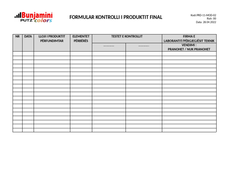 PRD-11-MOD-02 Formular Kontrolli Produkti Final | PDF