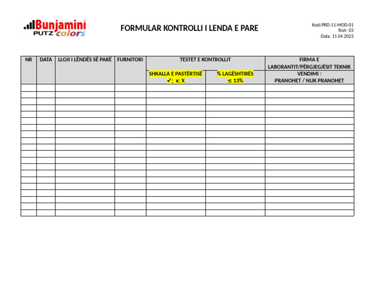 PRD-11-MOD-01 Formular Kontrolli Lende e Pare | PDF