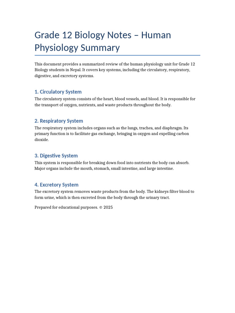 Grade 12 Biology Human Physiology Notes | PDF
