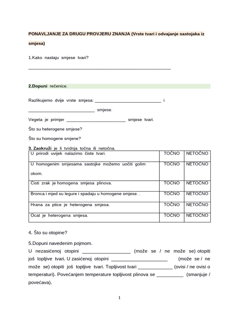 PONAVLJANJE ZA DRUGU PROVJERU ZNANJA (Vrste Tvari I Razdvajanje ...