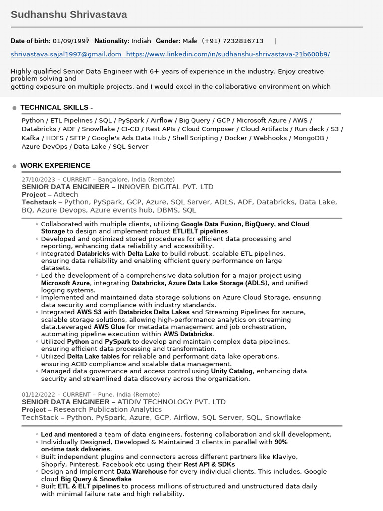 Sudhanshu Shrivastava Data Engineer 2024 | PDF | Microsoft Azure | Cloud Computing