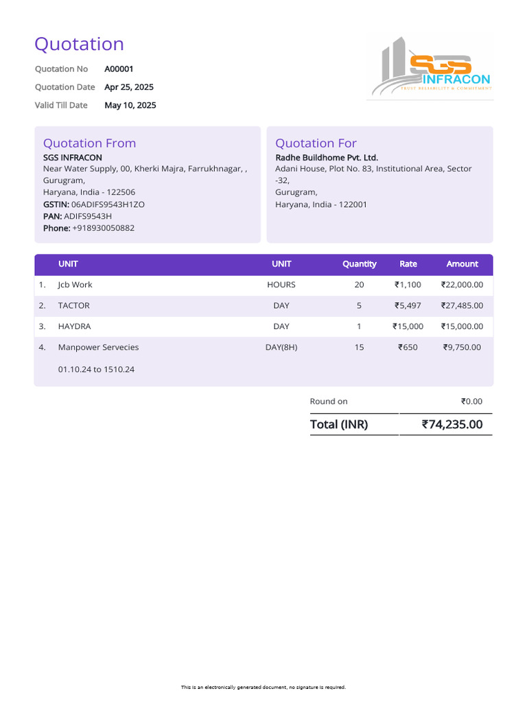 Quotation A00001 Sgs Infracon Radhe Buildhome PVT LTD | PDF