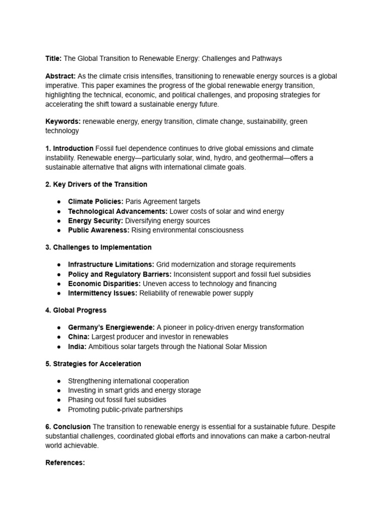The Global Transition To Renewable Energy - Challenges and Pathways | PDF