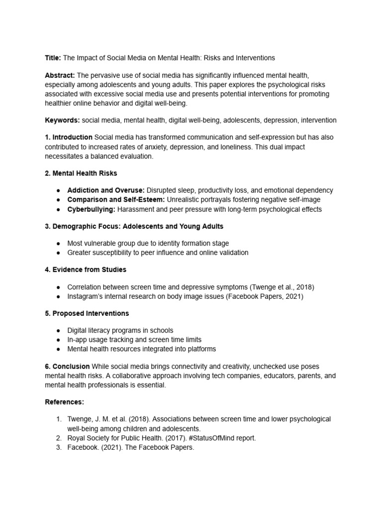 The Impact of Social Media On Mental Health - Risks and Interventions | PDF