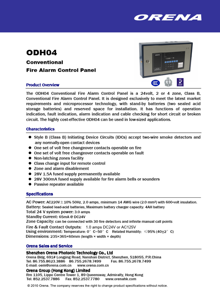 Datasheet of Conventional 2 - 4 Zone Fire Alarm Control Panel ODH04 | PDF