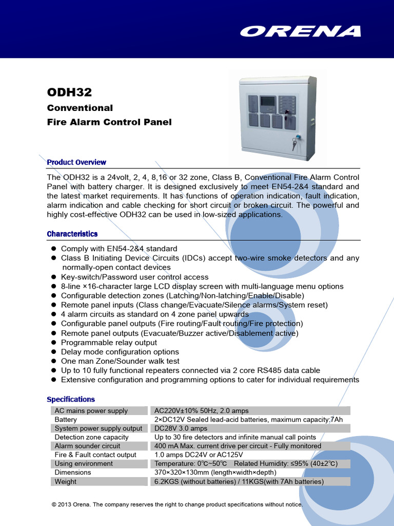 Datasheet of Conventional 32 Zone Fire Alarm Control Panel ODH32 | PDF