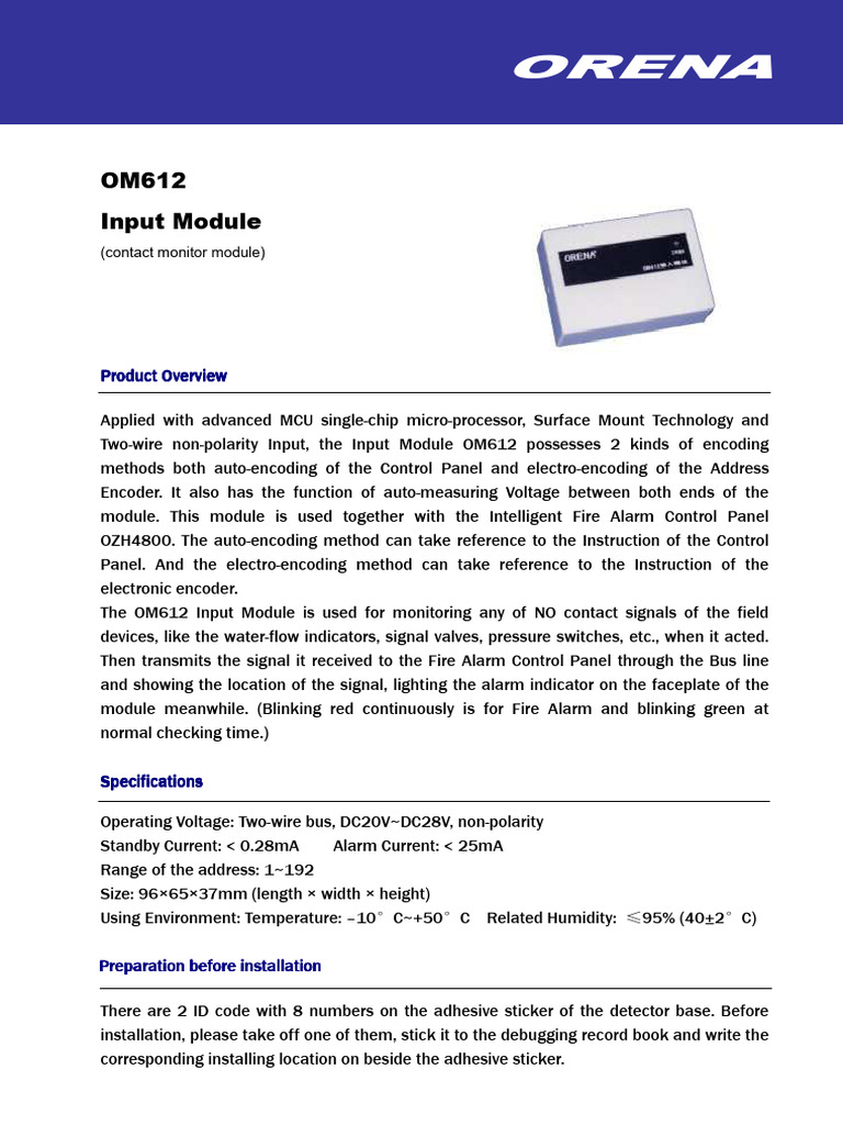 Datasheet of Addressable Input Module OM612 | PDF | Equipment ...