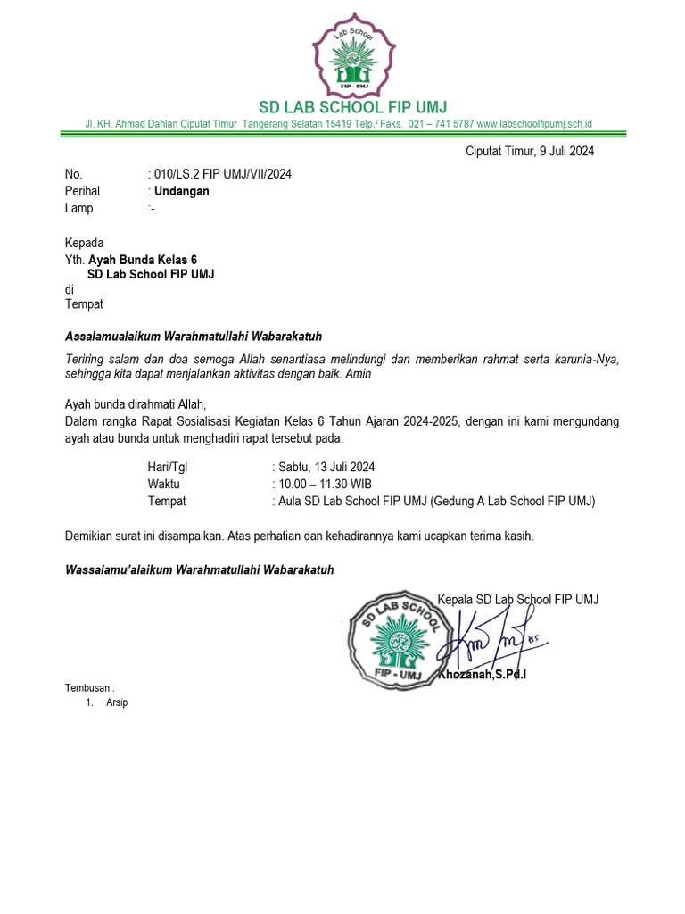 010.surat Undangan Rapat Ortu Kelas 6 - SD Lab School FIP UMJ - 9 Juli 2024 | PDF