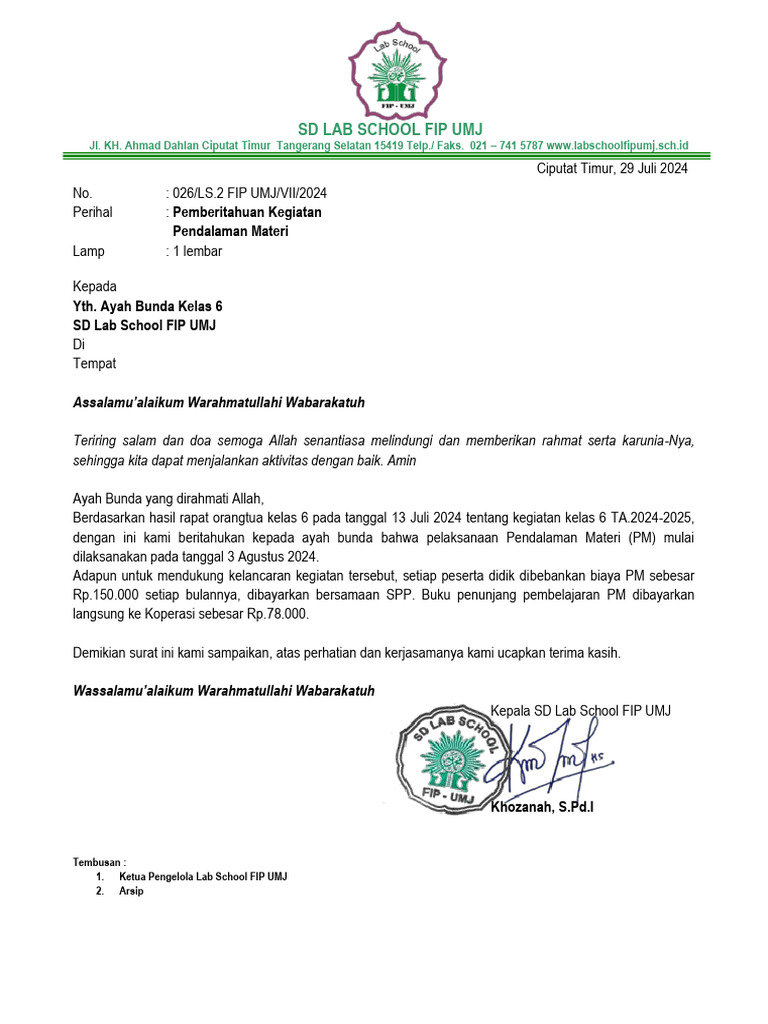 026.surat Pem - Kegiatan PM Kelas 6 - SD Lab School FIP UMJ - TA.2024-2025 | PDF