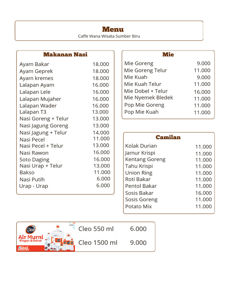 Menu Makanan Caffe Wana Sumber Biru | PDF