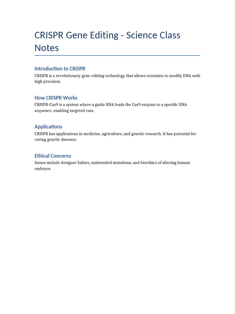 CRISPR Gene Editing - Science Class Notes | PDF