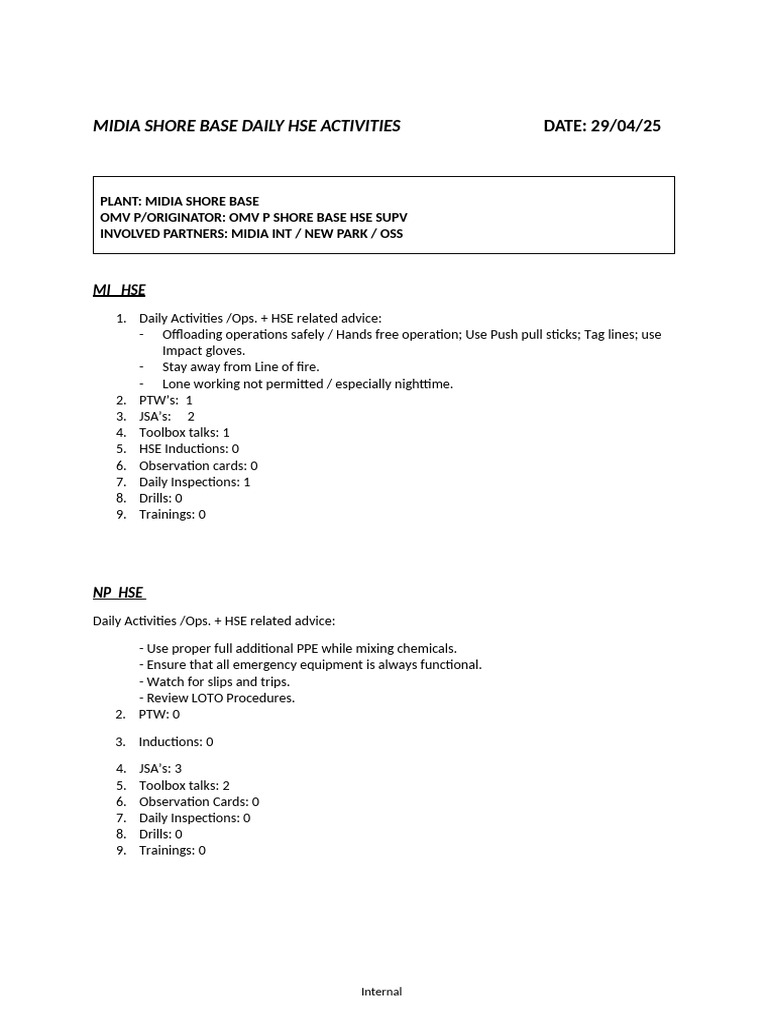 Daily HSE Activities Meeting - 29.04.2025 | PDF