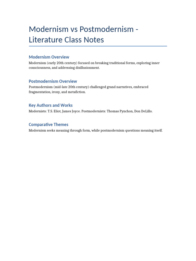 Modernism Vs Postmodernism - Literature Class Notes | PDF