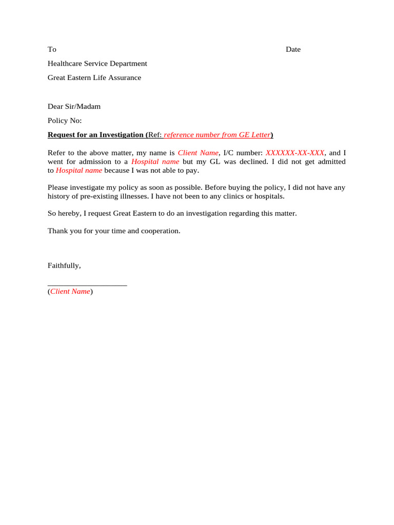 Investigation Letter Template - GL Decline | PDF
